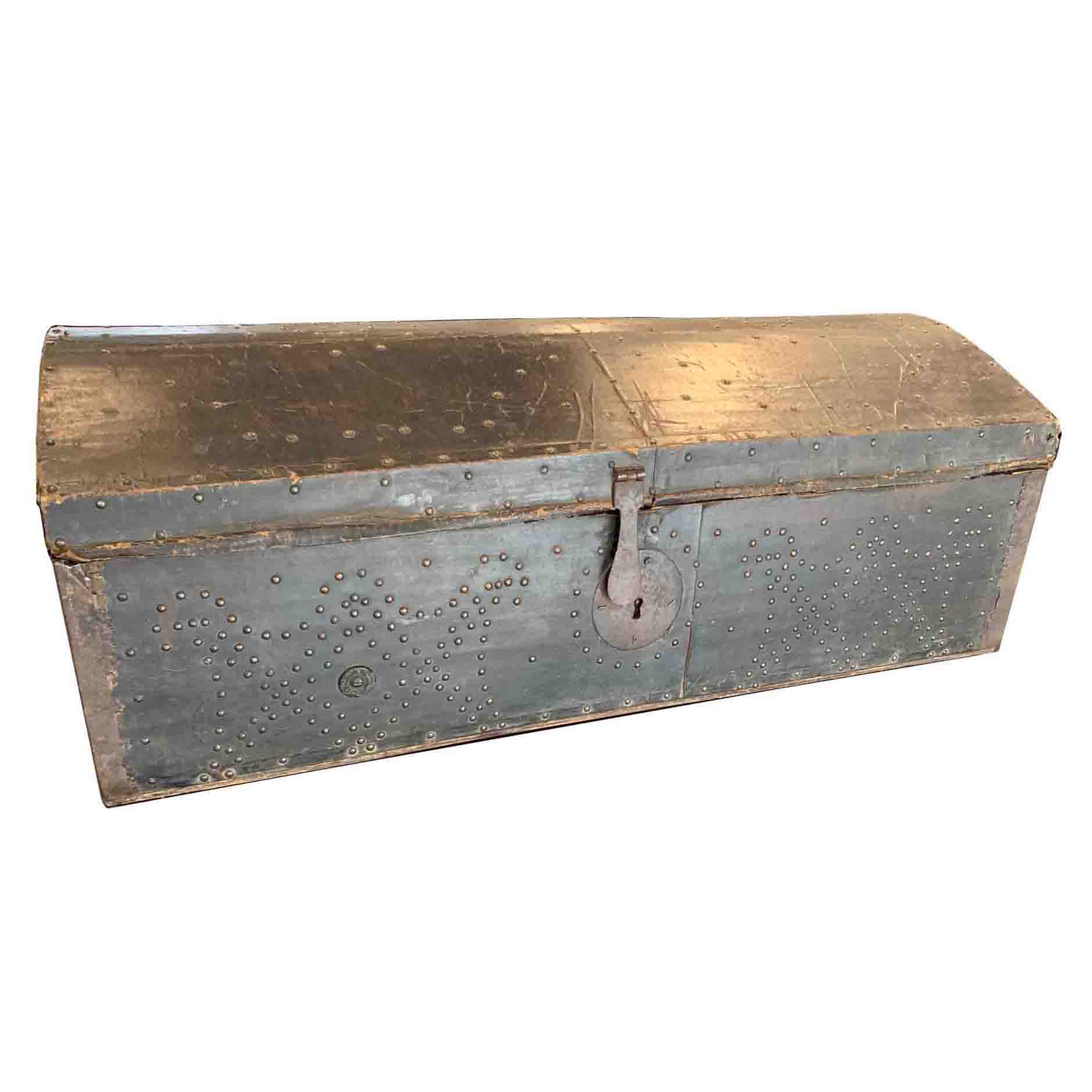 Z130 Antique 19th Century French Black Leather Studded Trunk Velvet ...